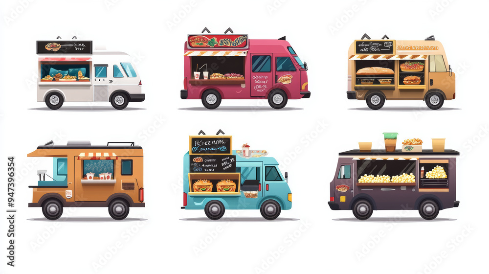 Vector illustrations of food trucks, featuring cartoon vans for street ...