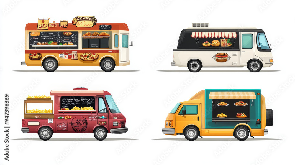 Vector illustrations of food trucks, featuring cartoon vans for street ...
