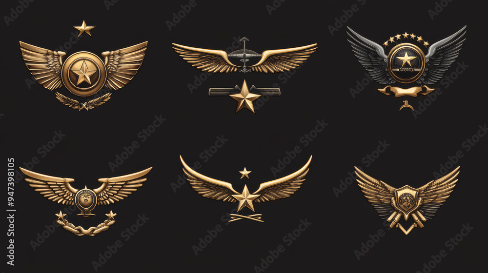Army Air Forces badges and airborne unit insignia featuring winged chevrons, plane propellers ...