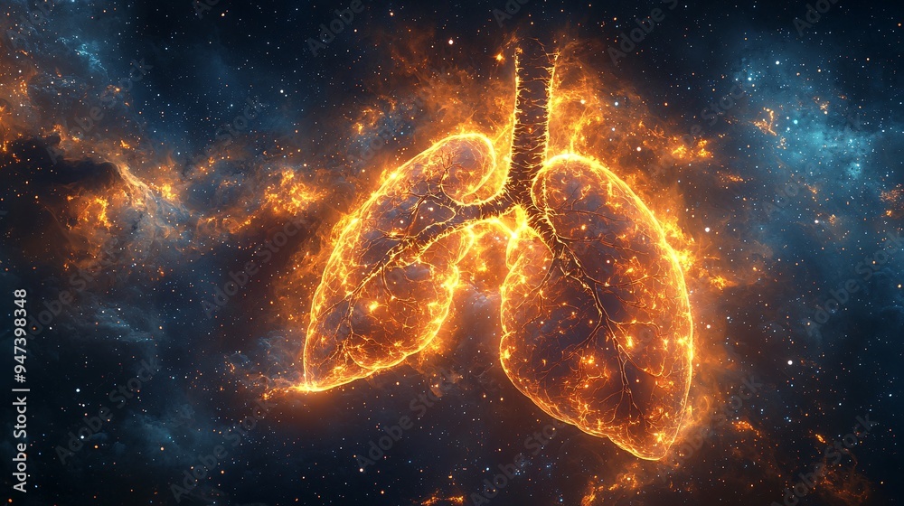 A surreal depiction of lungs floating in space, connected by glowing ...
