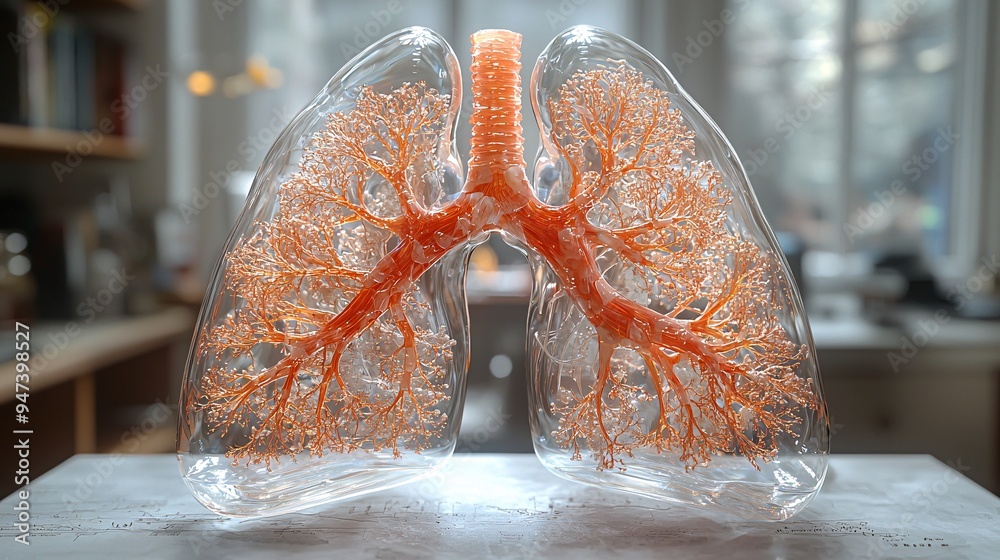 A highly realistic 3D model of lungs with a transparent cutaway view ...