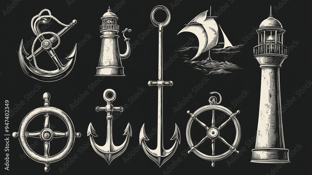 A collection of nautical or naval icons featuring classic maritime ...