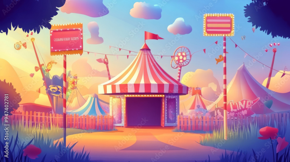Circus carnival signage and signboards, including fair show welcome ...