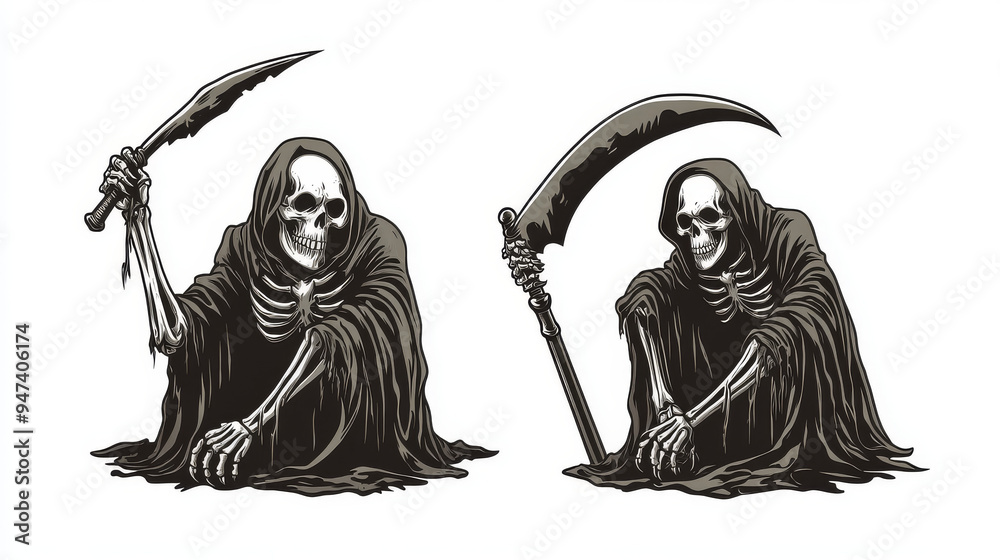 Skeletal death characters, with and without a scythe, suitable for ...