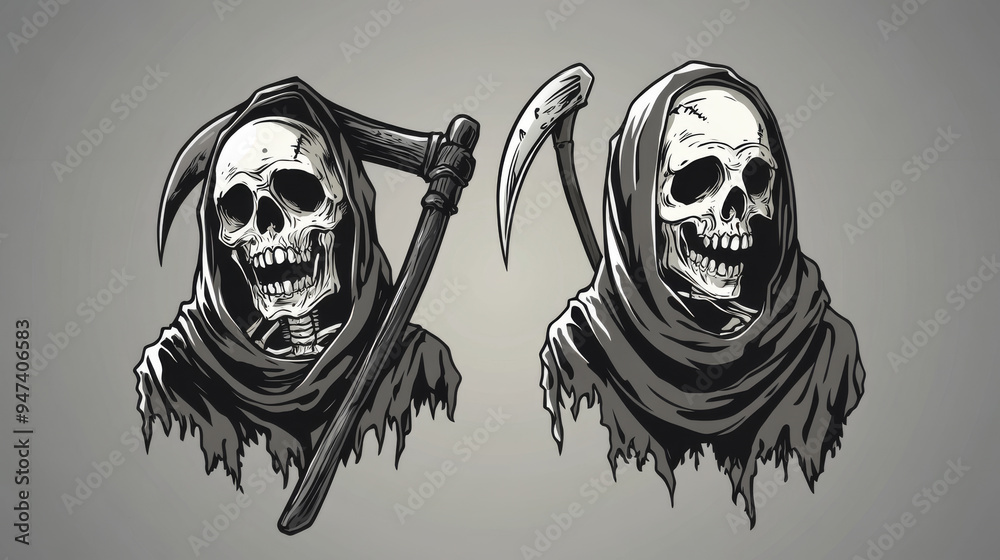 Skeletal death characters, with and without a scythe, suitable for ...