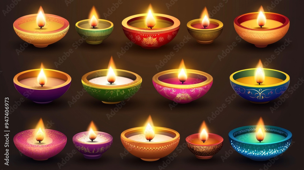 Realistic vector set of Diwali diya lamps on a transparent background ...