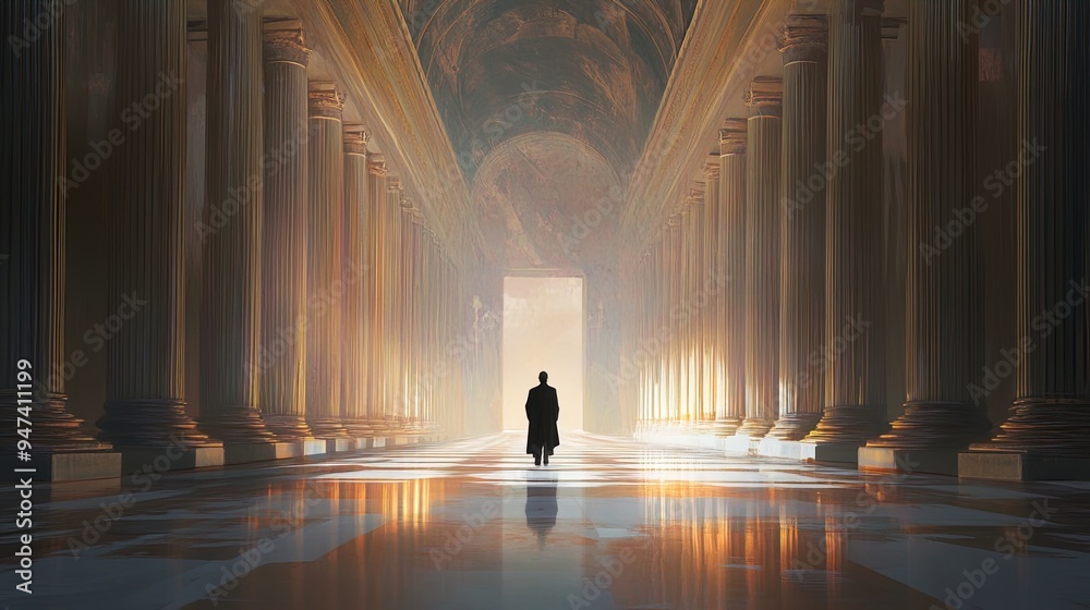 A lone figure stands at the center of a grand, cavernous hall flanked ...