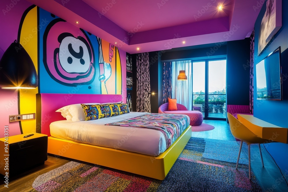 Boutique hotel room with quirky, colorful dTcor and unique artwork ...