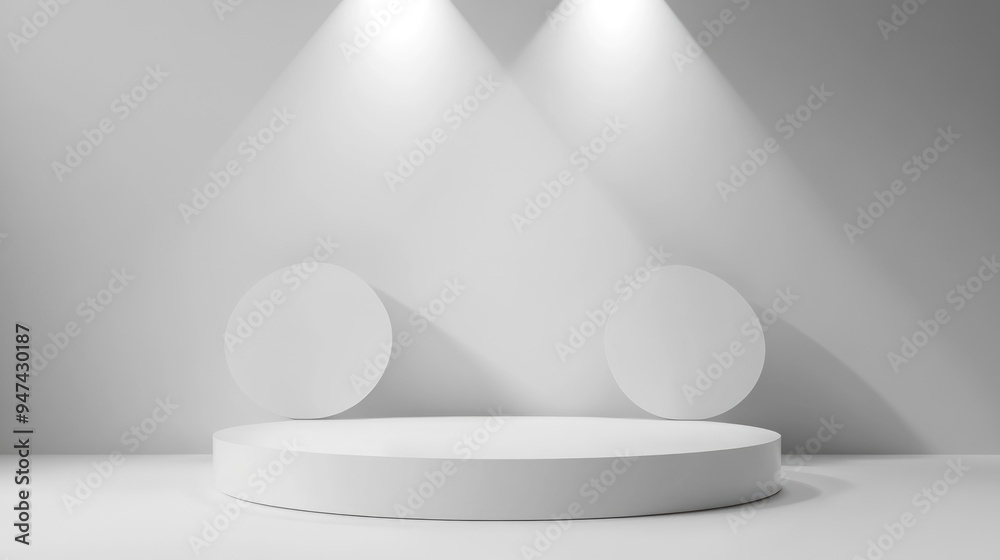 White podium stage backdrop with spotlight on a white background and ...