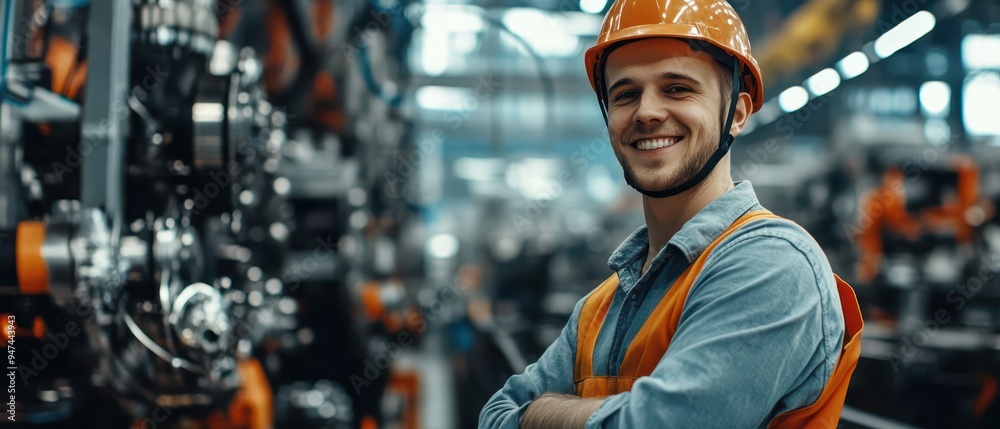 Smiling worker in a safety helmet, standing beside a wellmaintained ...