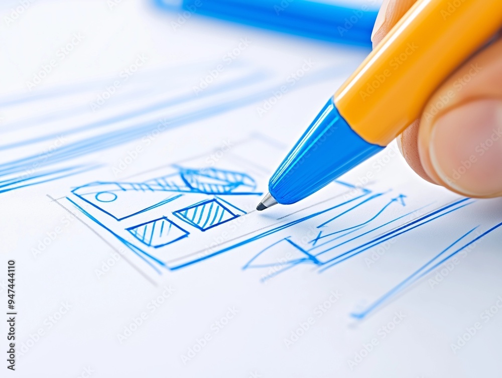 Hand drawing a detailed wireframe with a blue pen on white paper ...