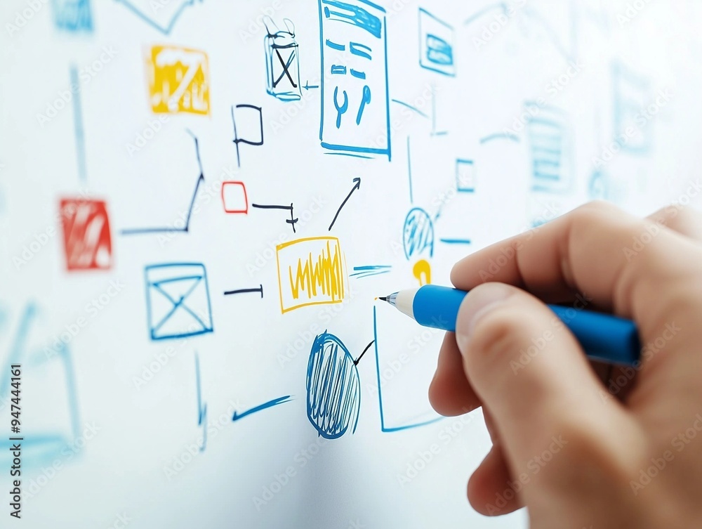 Hand drawing a colorful flowchart on a whiteboard with a blue marker ...