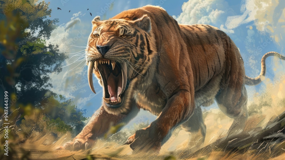 Image of a saber-toothed tiger hunting prey in a Pleistocene ...