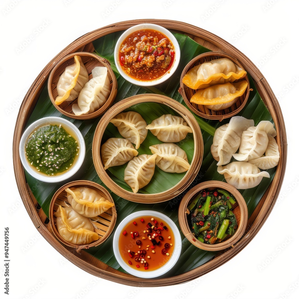 Chinese Dim Sum Set, Various Gyoza, Jiaozi or Momo on Banana Leaves ...