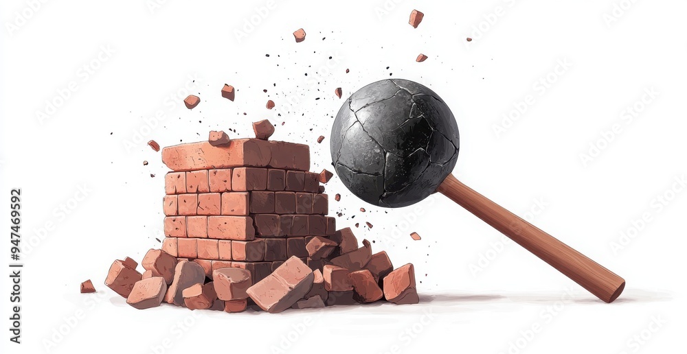 Wrecking ball breaking through a brick wall, isolated on a white ...