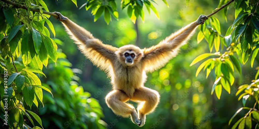 Vibrant white-handed gibbon suspended mid-air amidst lush green Canopy ...