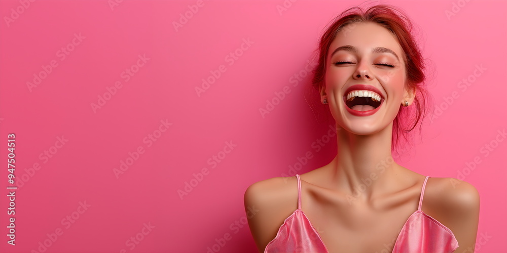 Ecstatic young woman with closed eyes and wide smile wearing pink top ...