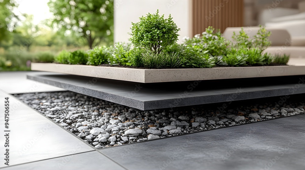 3D-rendered cross-section of a garden path installation, showing layers ...