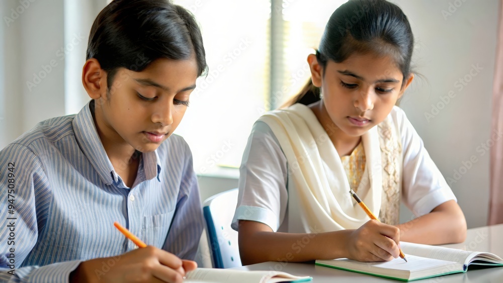 "Indian Students Writing in Notebooks" - A close-up of Indian students ...