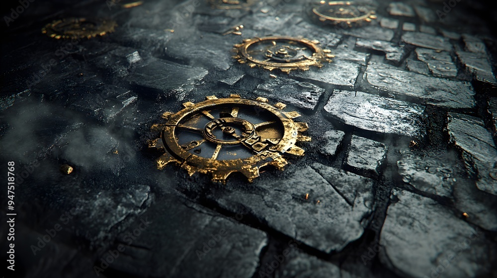 Steampunk-themed cobblestone street with sand being swept into the ...