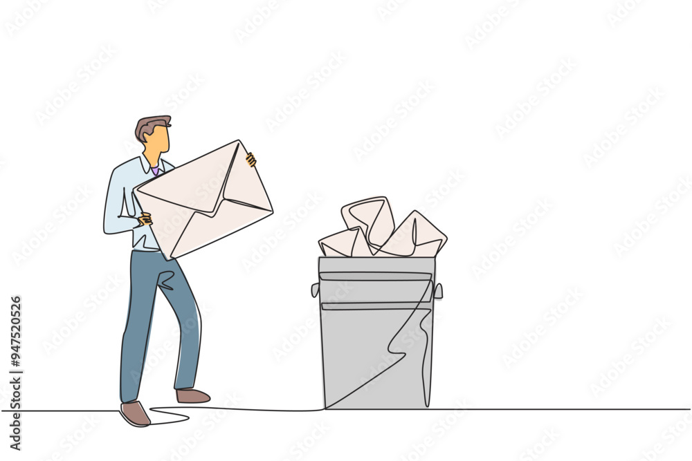 Continuous one line drawing businessman throw large envelope in trash ...