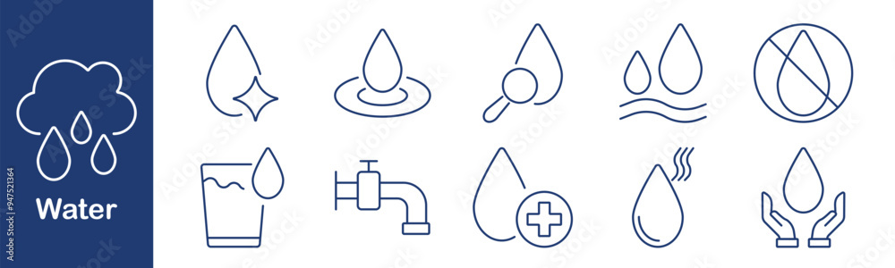 Water set icon. Drop, tap, glass, healthcare, sanitation, filtration ...