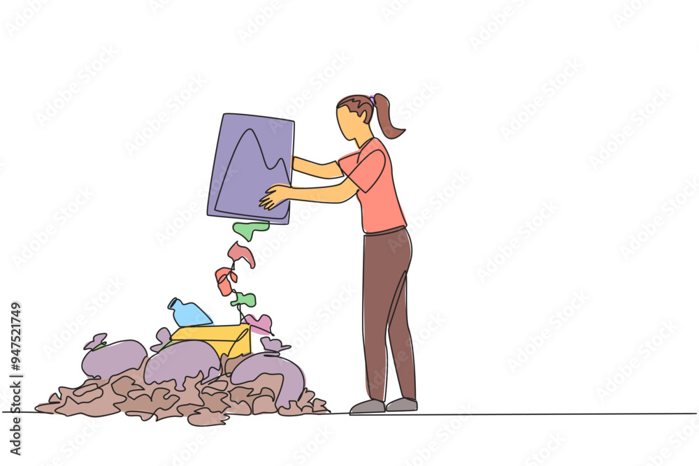 Continuous one line drawing woman throws rubbish into rubbish pile ...