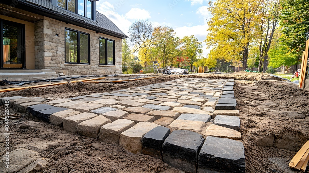 Landscape construction project with focus on the installation of base ...