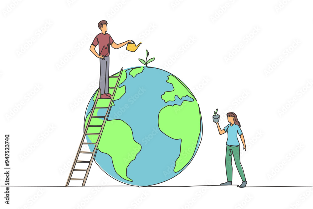 Continuous one line drawing man and woman work together to green the ...