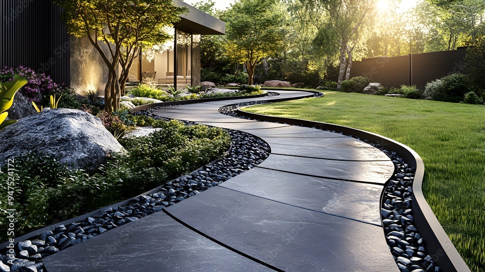 Modern garden path with curved stone edging, black metal edge ...