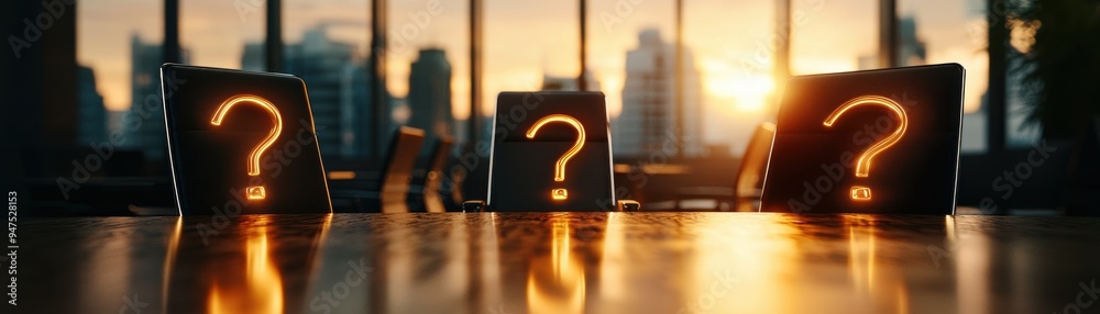 Illuminated question marks on screens at sunset, symbolizing inquiry ...