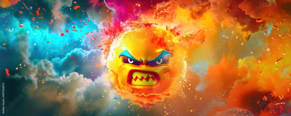 Vibrant explosion of colors with angry emojis, representing a burst of ...