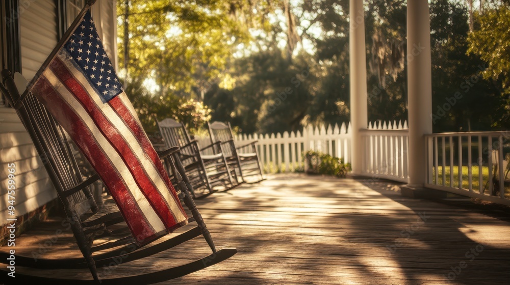 American Flag Hanging on Rocking Chair on Porch with White Picket Fence ...