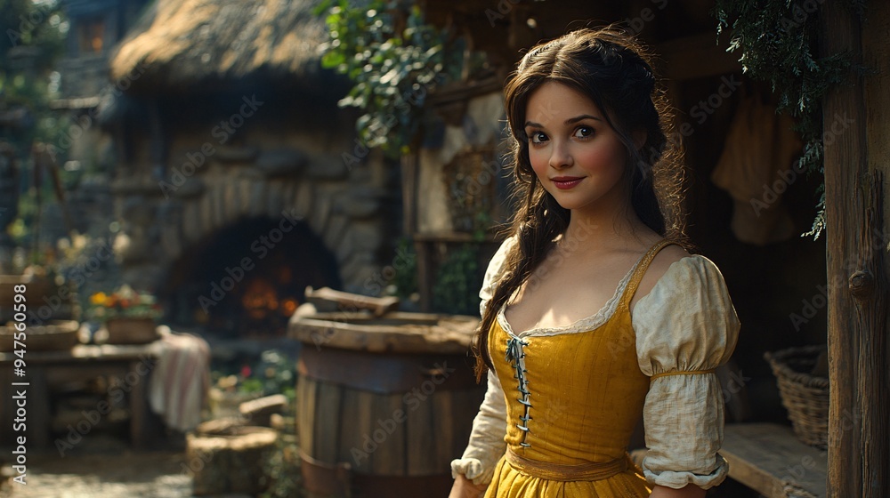 snow white is shown inside the charming cottage of dwarfs Stock Photo ...