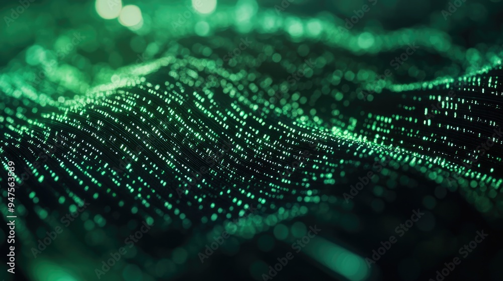 Futuristic digital data stream featuring luminous abstract binary code lines on a dark green ...