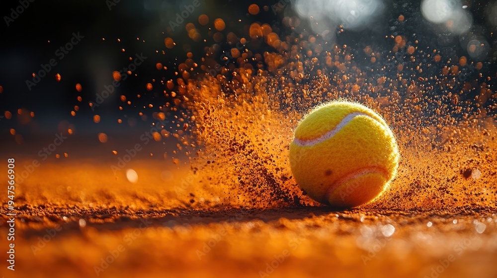 Tennis Ball Hitting the Ground with Dust Particles on Orange Clay Court ...