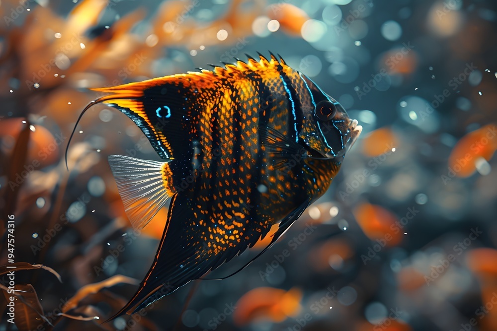 Angelfish with orange and blue patterns swimming in an aquarium. Stock ...