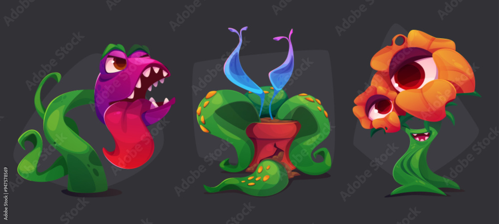 Scary monster plants with head flowers. Cartoon vector illustration set ...