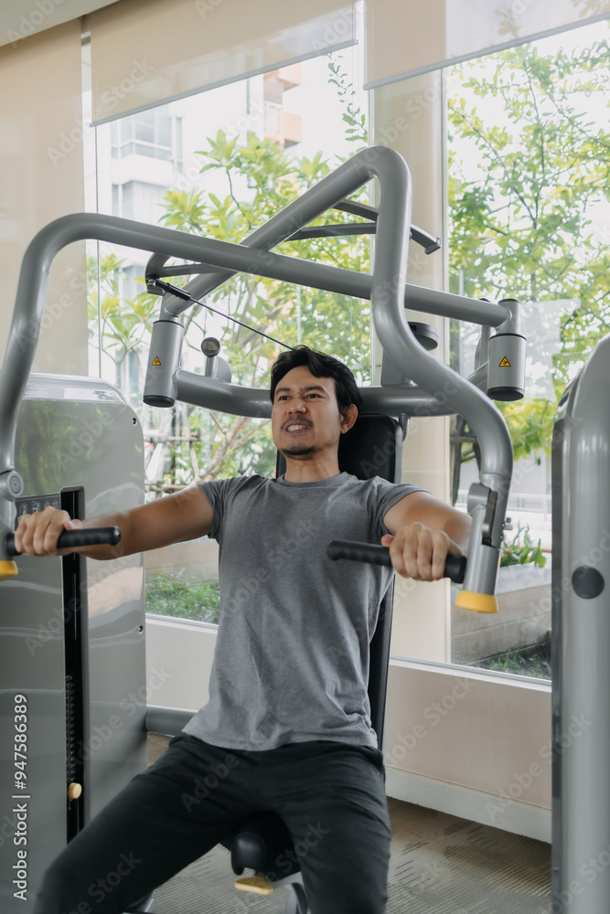 Fitness asian Thai man sitting, using chest and shoulder press exercise machine at gym, building ...