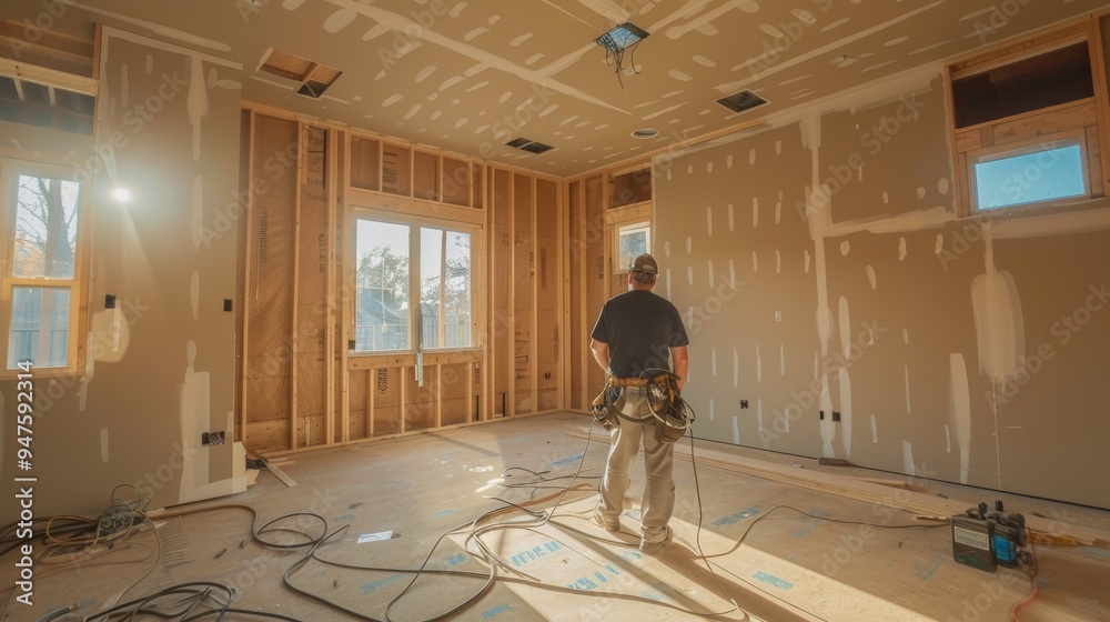 Electrician installing wiring in new home construction, realistic image ...