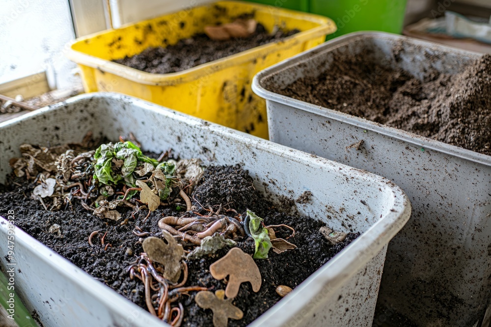 Organic composting setup with decomposing organic materials and a worm ...