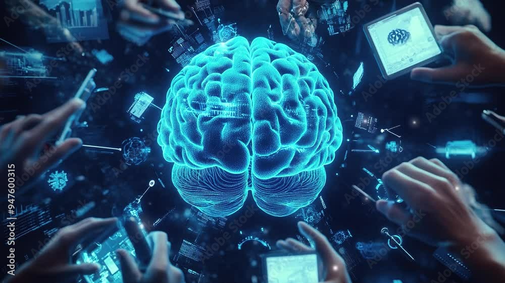 Hologram of the brain. Brain and technology network. Digital brain with ...