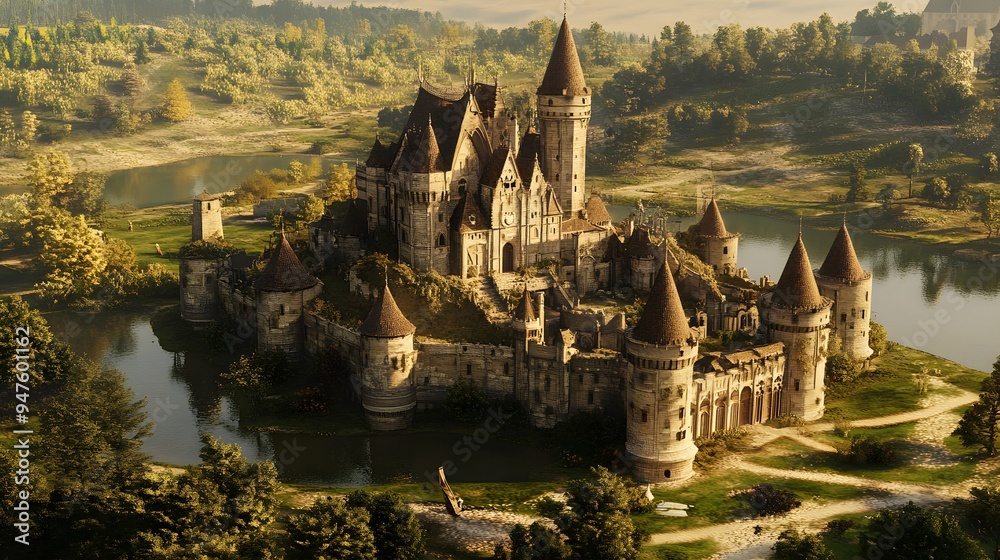 3D scene of a grand medieval castle with turrets, battlements, and a ...