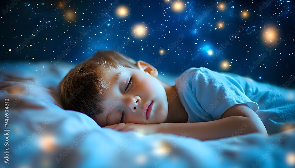 A cute little boy sleeping on the bed, night sky with stars, blue ...
