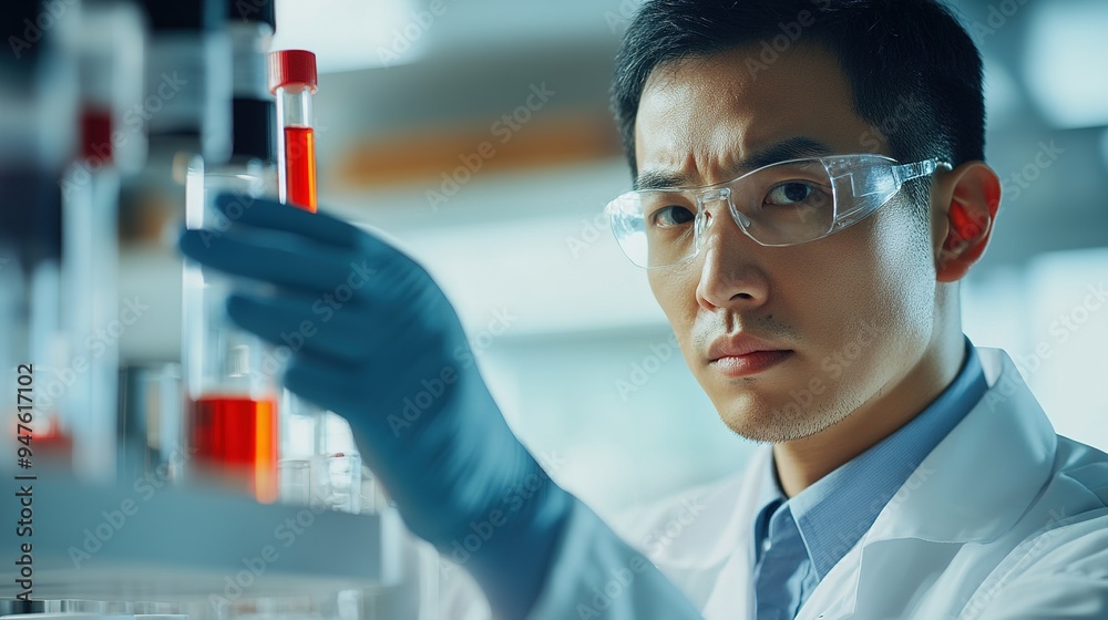 Scientist man holding sample blood test tube in science laboratory ...