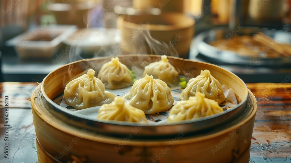 Foto de Authentic Steamed Pork Soup Dumplings Known as Xiao Long Bao ...