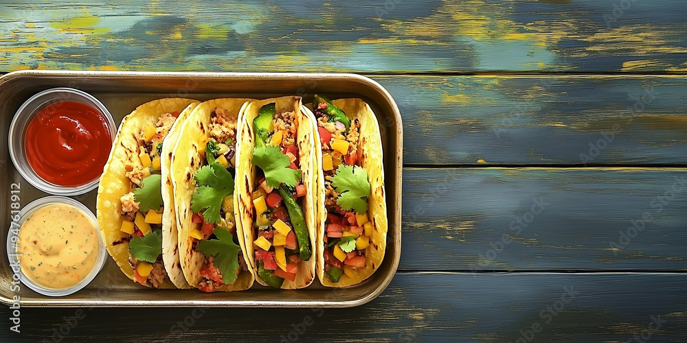 Fusion tacos with an eclectic mix of flavors on a metal tray with ...