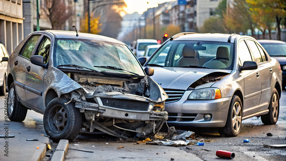 Two vehicles collide on a city street, with one car severely damaged ...