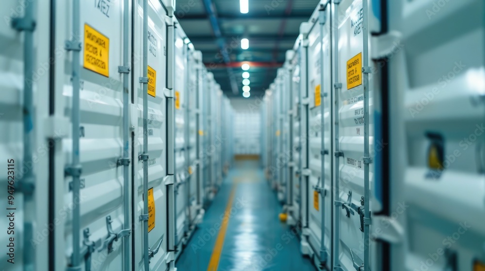 Interior view of a refrigerated shipping container storage facility ...