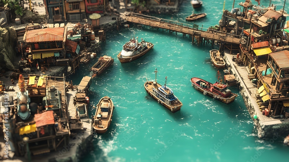21. "A detailed 3D model of a coastal port with colorful fishing boats ...